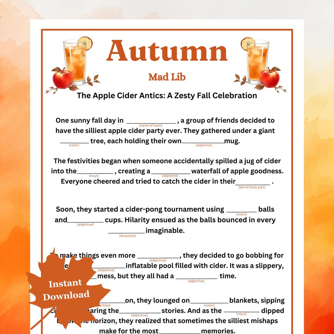 Autumn Mad Lib Game, Fall Mad Lib, Printable Fall Game, Funny Fall Game ...