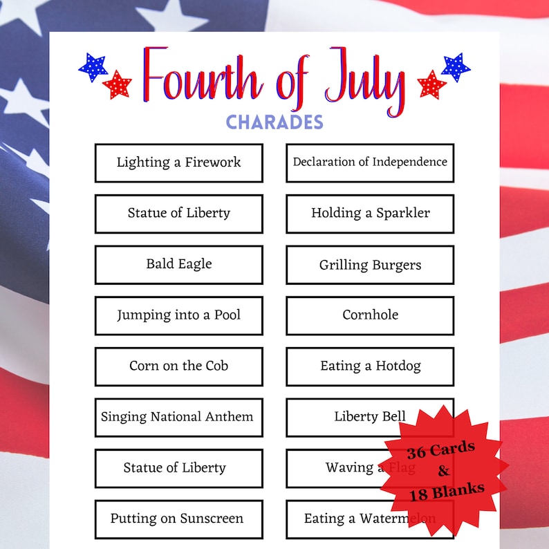 4th of July Charades, 4th of July Pictionary Game, 4th of July Games ...