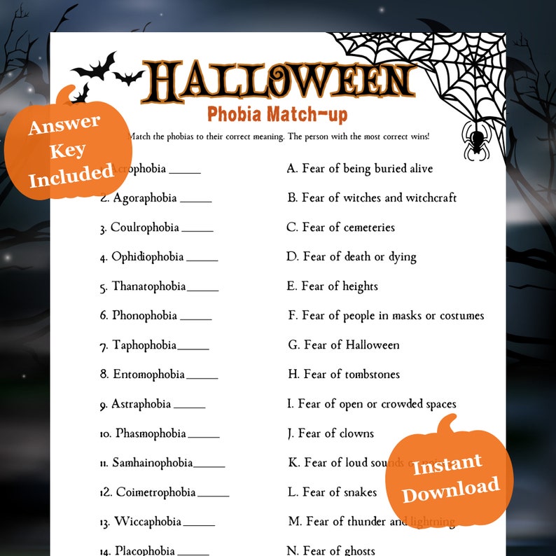 Halloween Phobia Match up Game, Fun Halloween Party Game, Games for ...