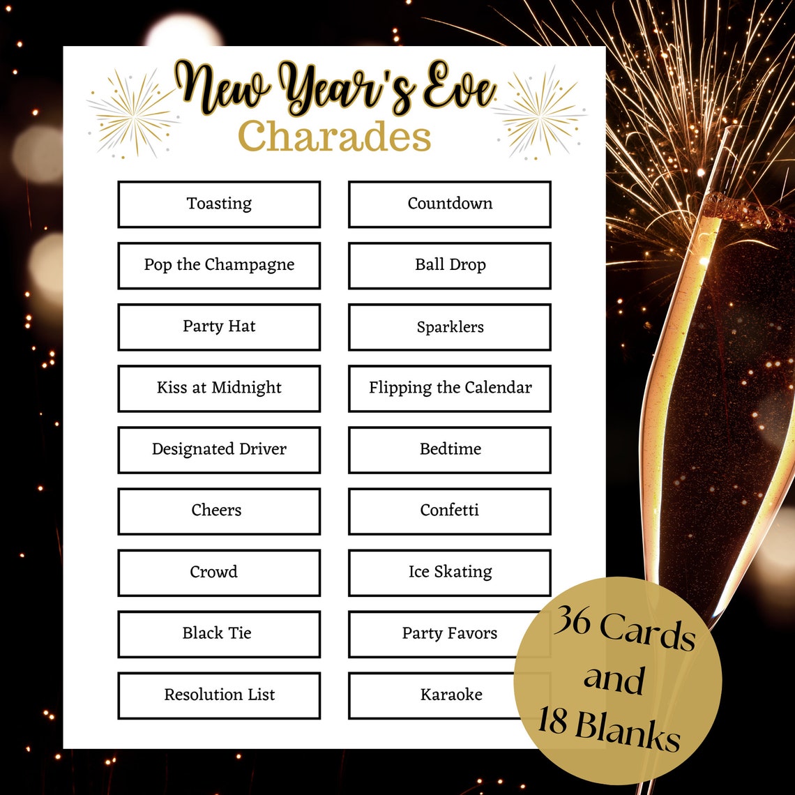 New Year's Eve Charades Party Game, New Year's Eve Games, Adults and ...