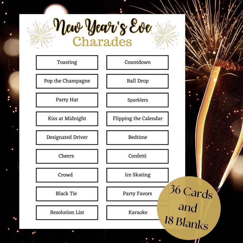 New Year's Eve Charades Party Game, New Year's Eve Games, Adults and ... New Year's Eve Charades Party Game, New Year's Eve Games, Adults and ...