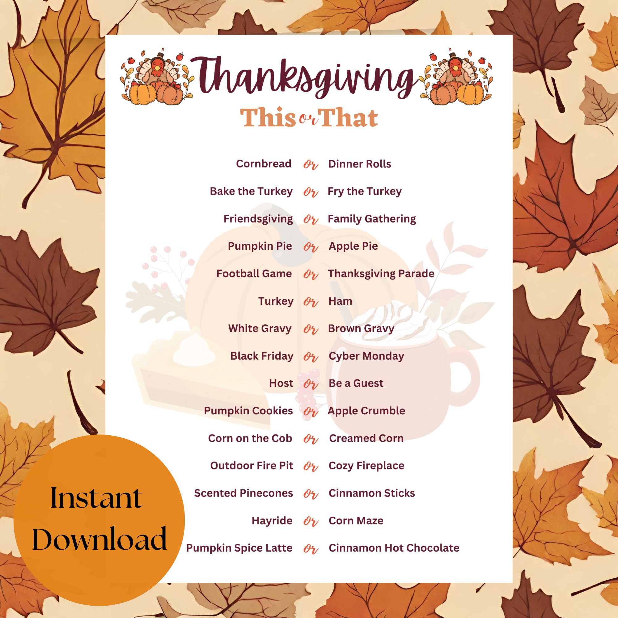Thanksgiving This or That Game, Thanksgiving Dinner Party Game ...