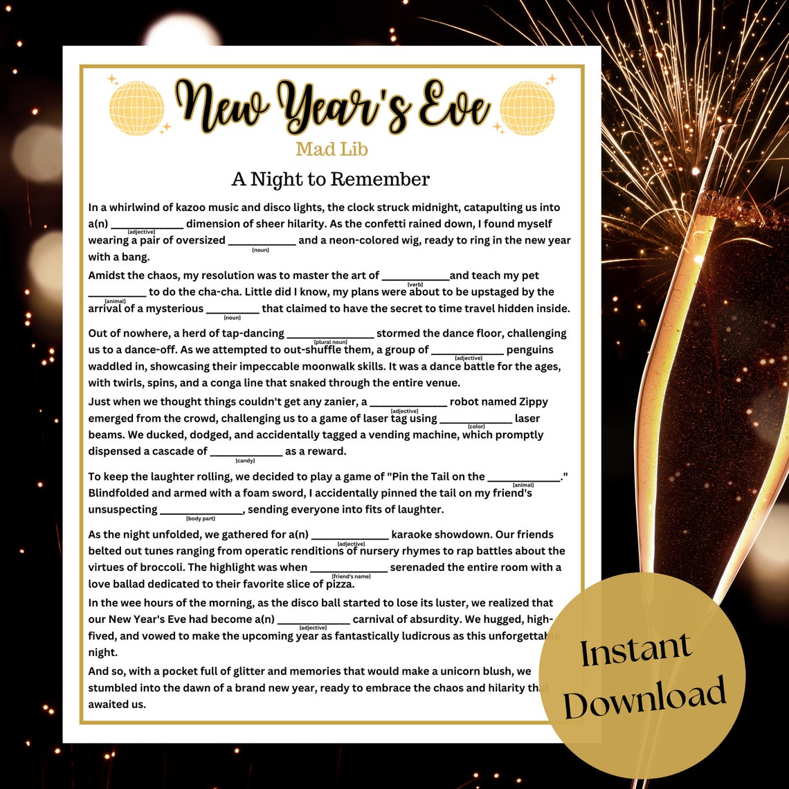 New Years Mad Lib, New Years Game, New Years Eve Party Game, New Years ...