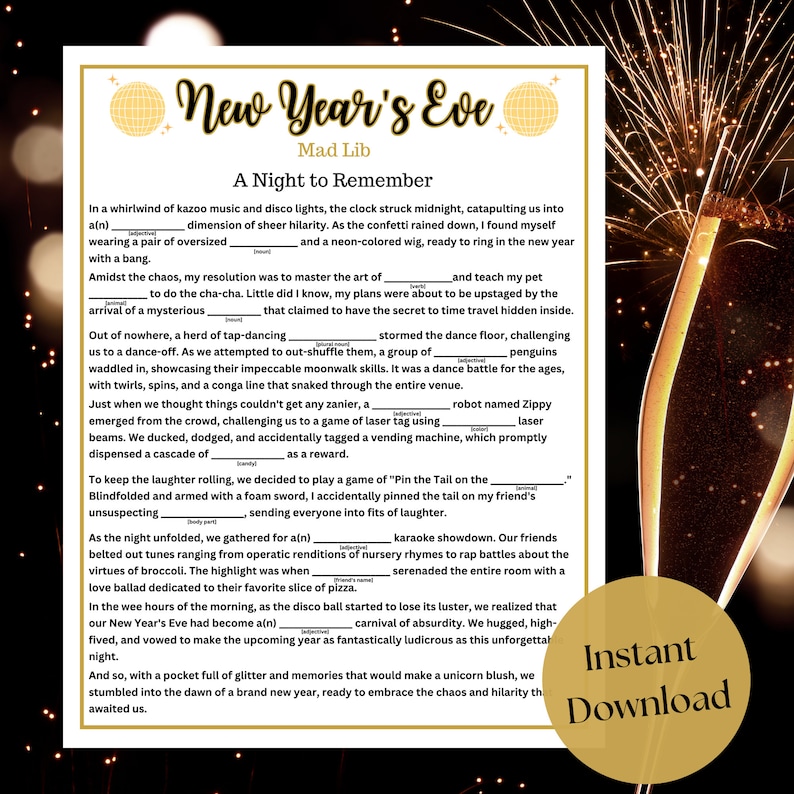 New Years Mad Lib, New Years Game, New Years Eve Party Game, New Years ...