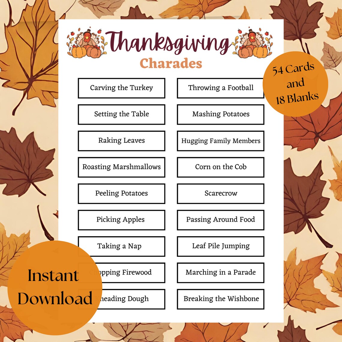 Thanksgiving Charades Party Game, Thanksgiving Games for Adults and ...