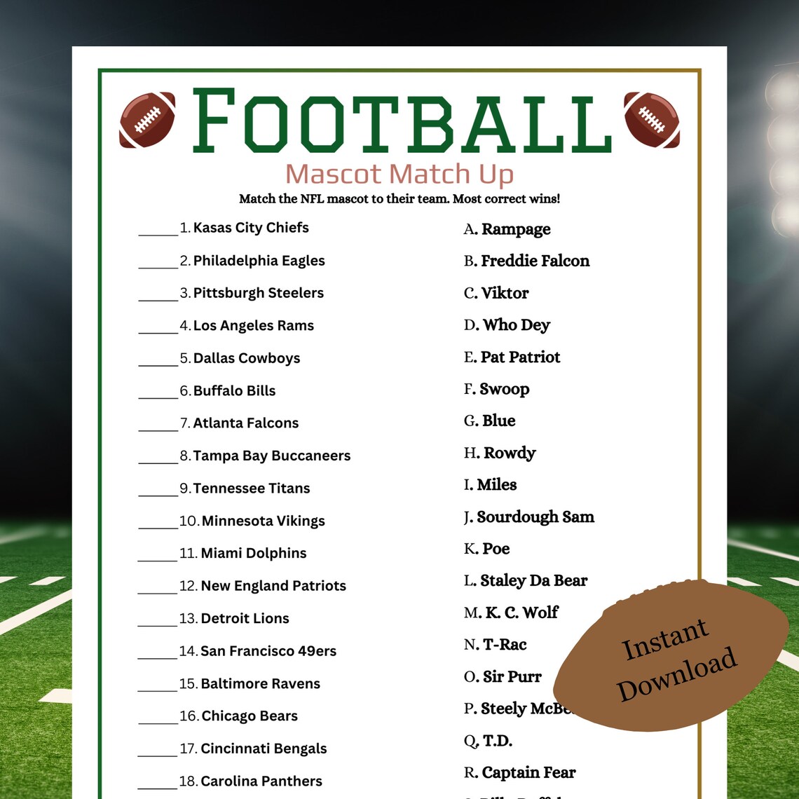 Football Mascot Match Up, Football Party Games, Super Bowl Games ...