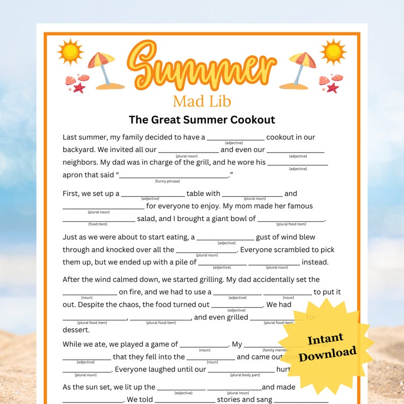 Summer Mad Libs, Family Summer Activities, Fun Summer Game, Printable ...