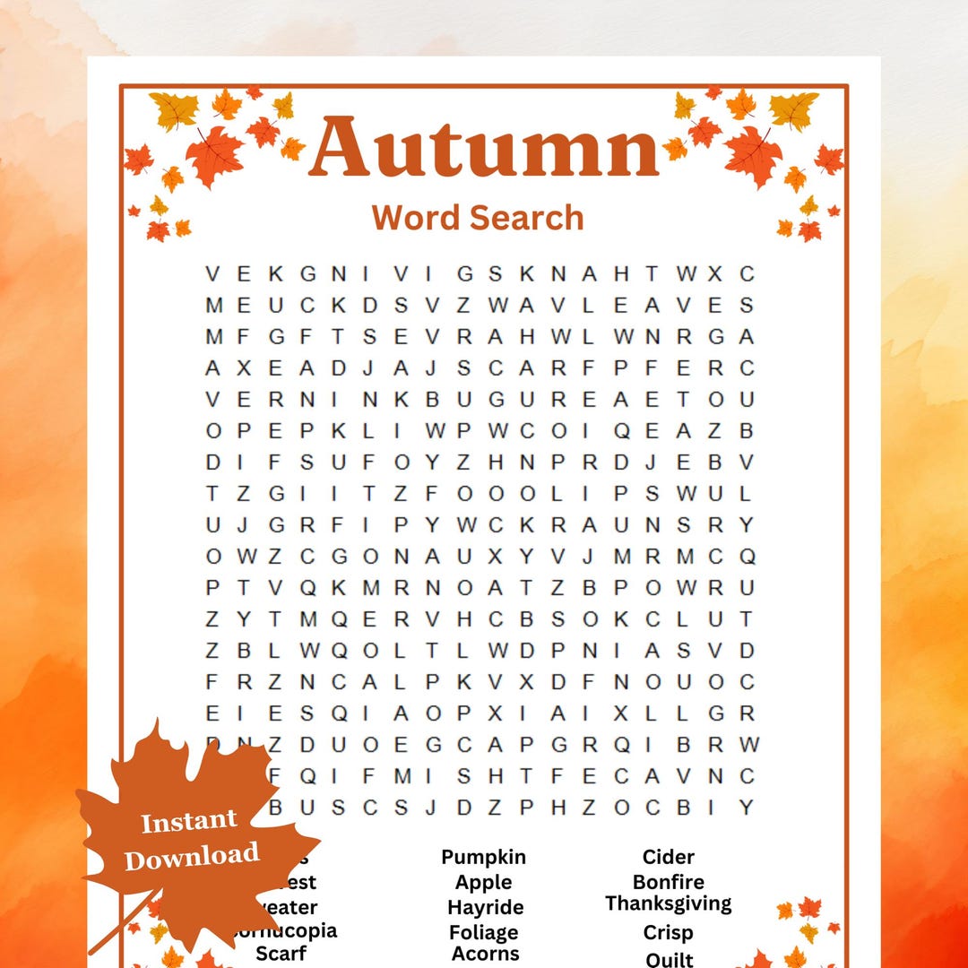 Autumn Word Search, Printable Autumn Party Game, Seasonal Word Hunt ...