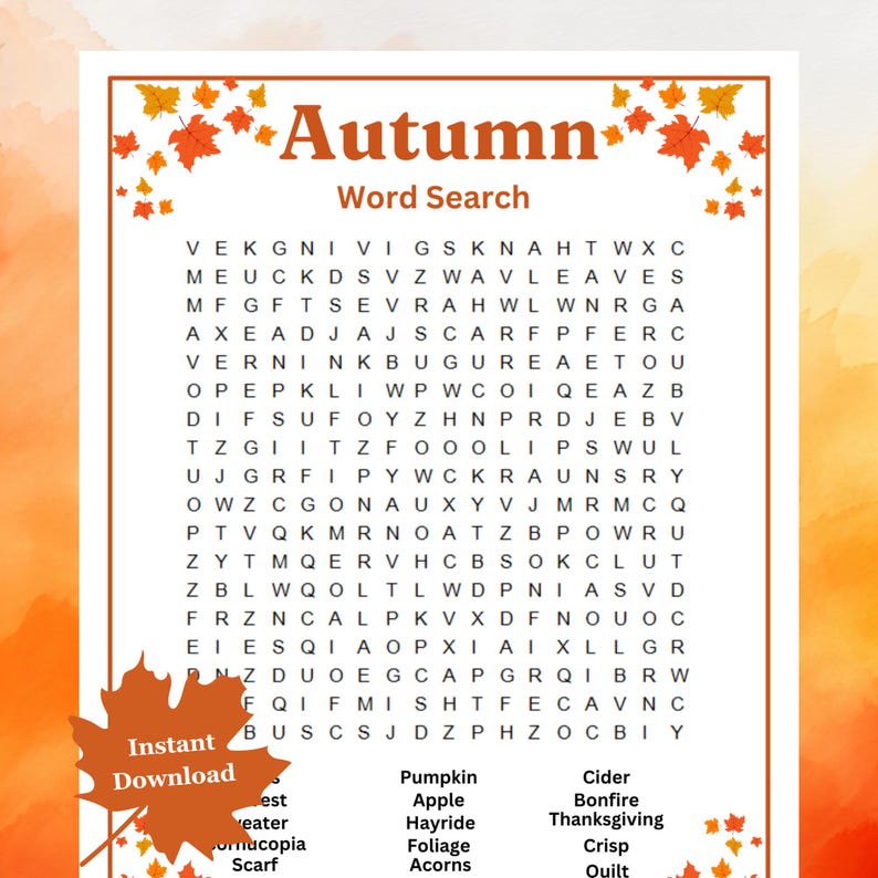 Autumn Word Search, Printable Autumn Party Game, Seasonal Word Hunt ...