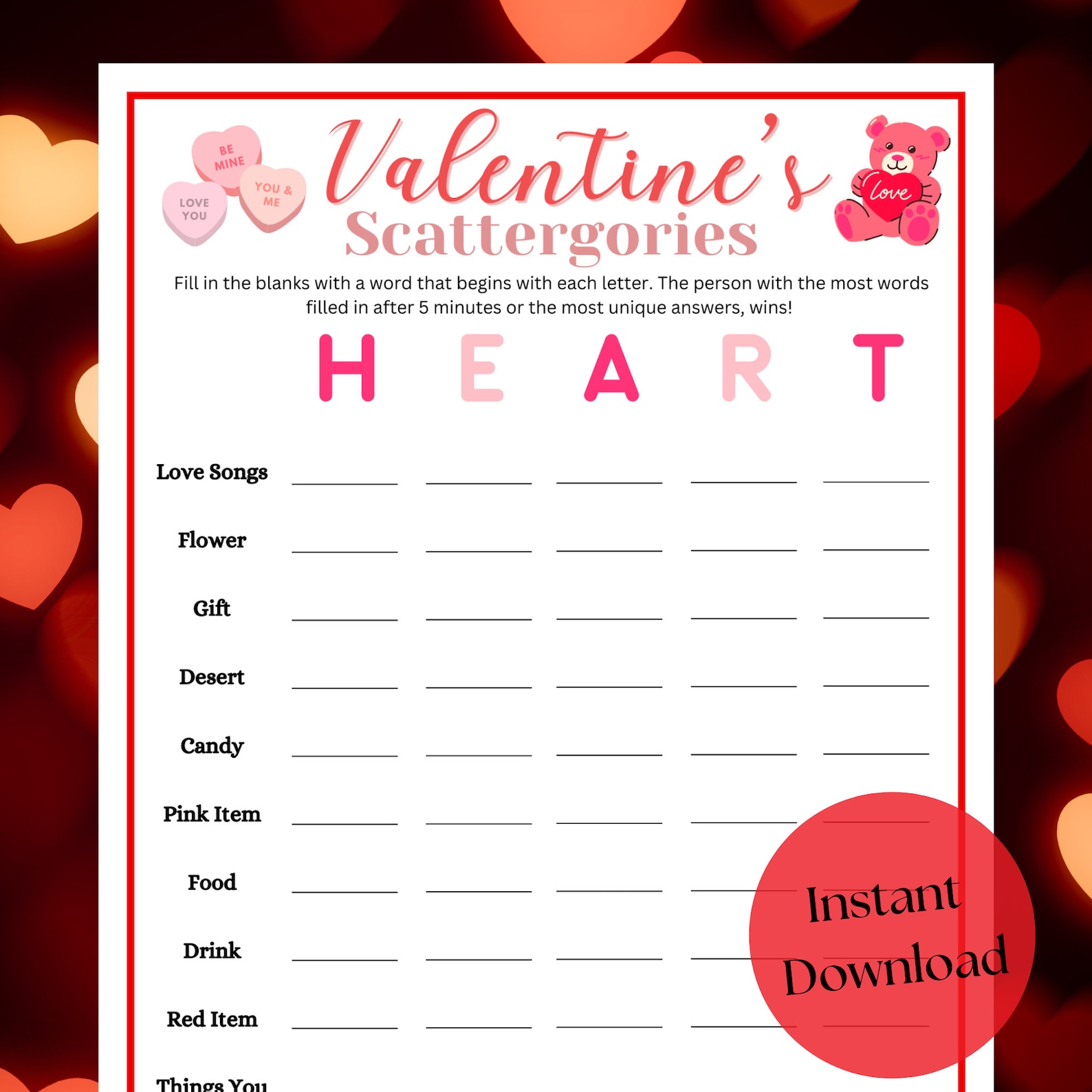 Valentine's Day Scattergories Game, Valentine's Day Game, Valentine's ...