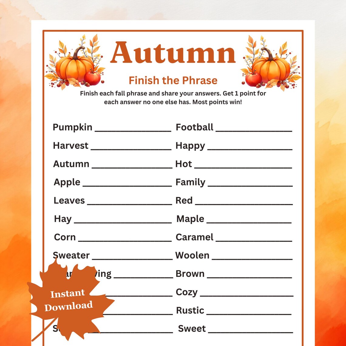 Autumn Finish the Phrase Game, Fall Word Game, Fun Fall Game, Fall ...