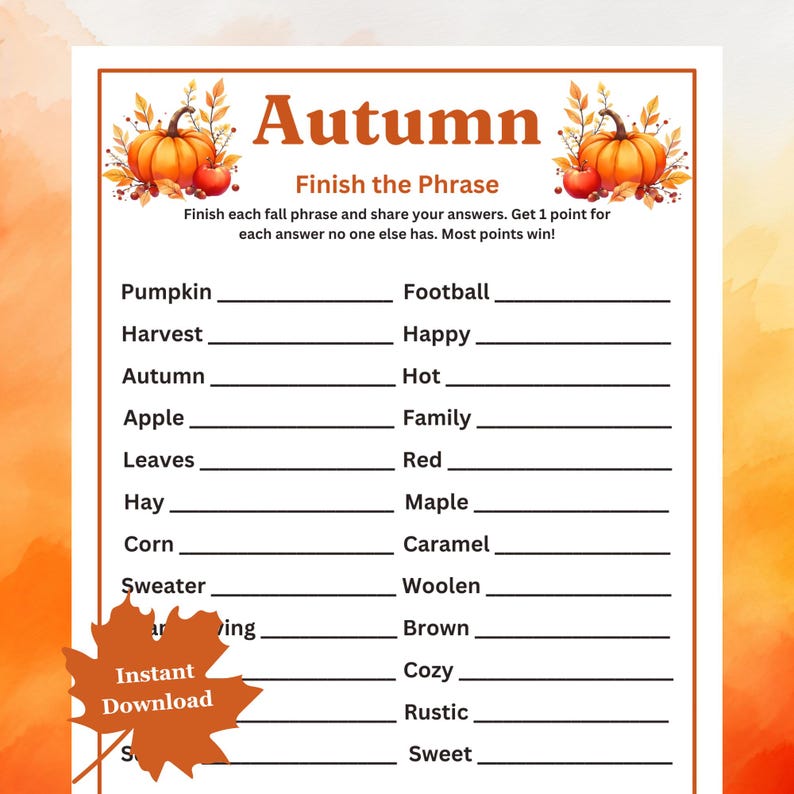 Autumn Finish the Phrase Game, Fall Word Game, Fun Fall Game, Fall ...