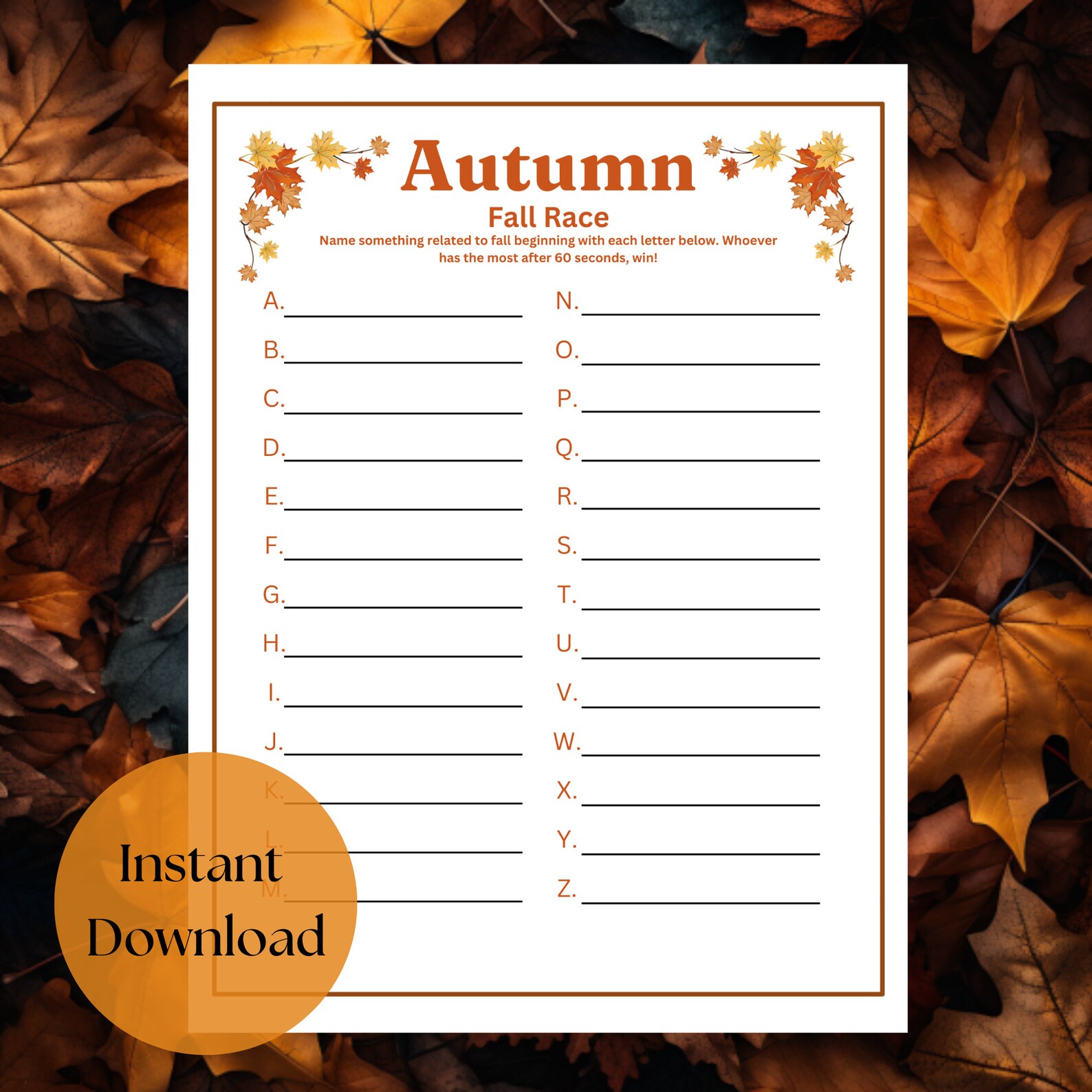 Fall A-Z Race Game, Fall Time Activities, Printable Autumn Party Games ...