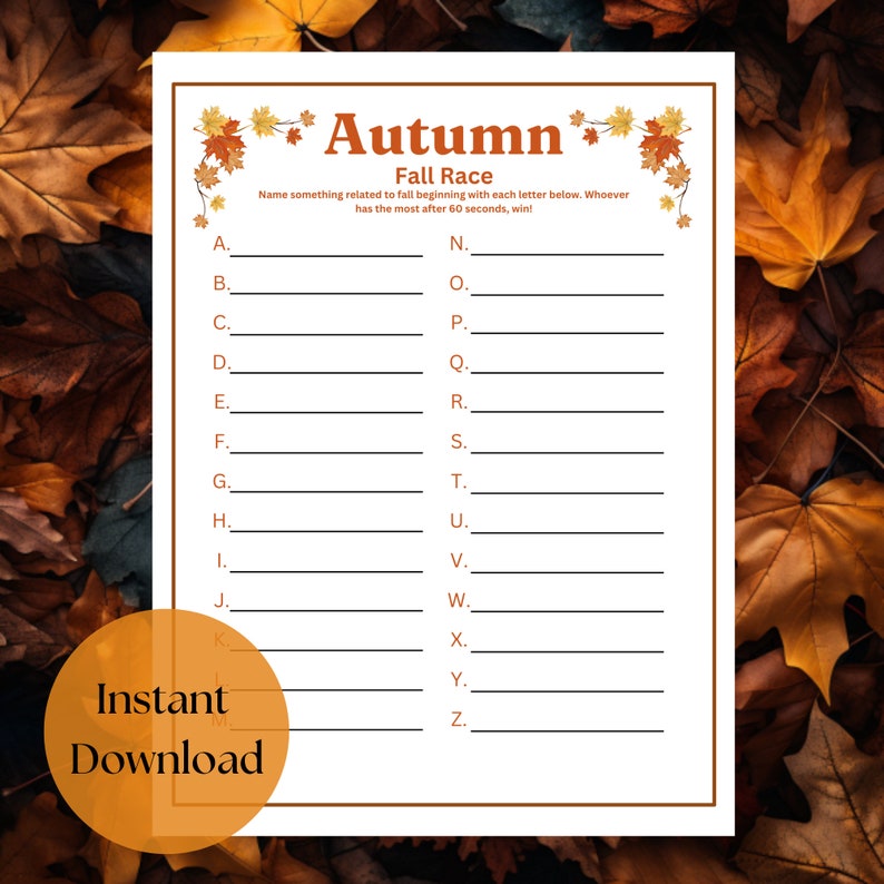 Fall A-Z Race Game Fall Time Activities Printable Autumn - Etsy