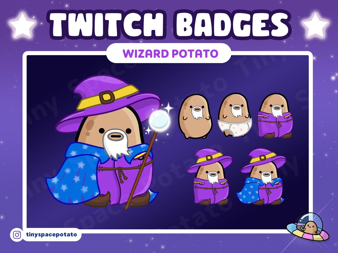 Twitch Sub Badges Wizard Potato Funny (SET OF 6) Galaxy Bit Badges ...