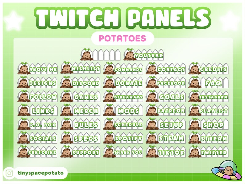 Twitch Panels Potato (SET OF 37) Stream Panels Green Overlay for Vtuber ...