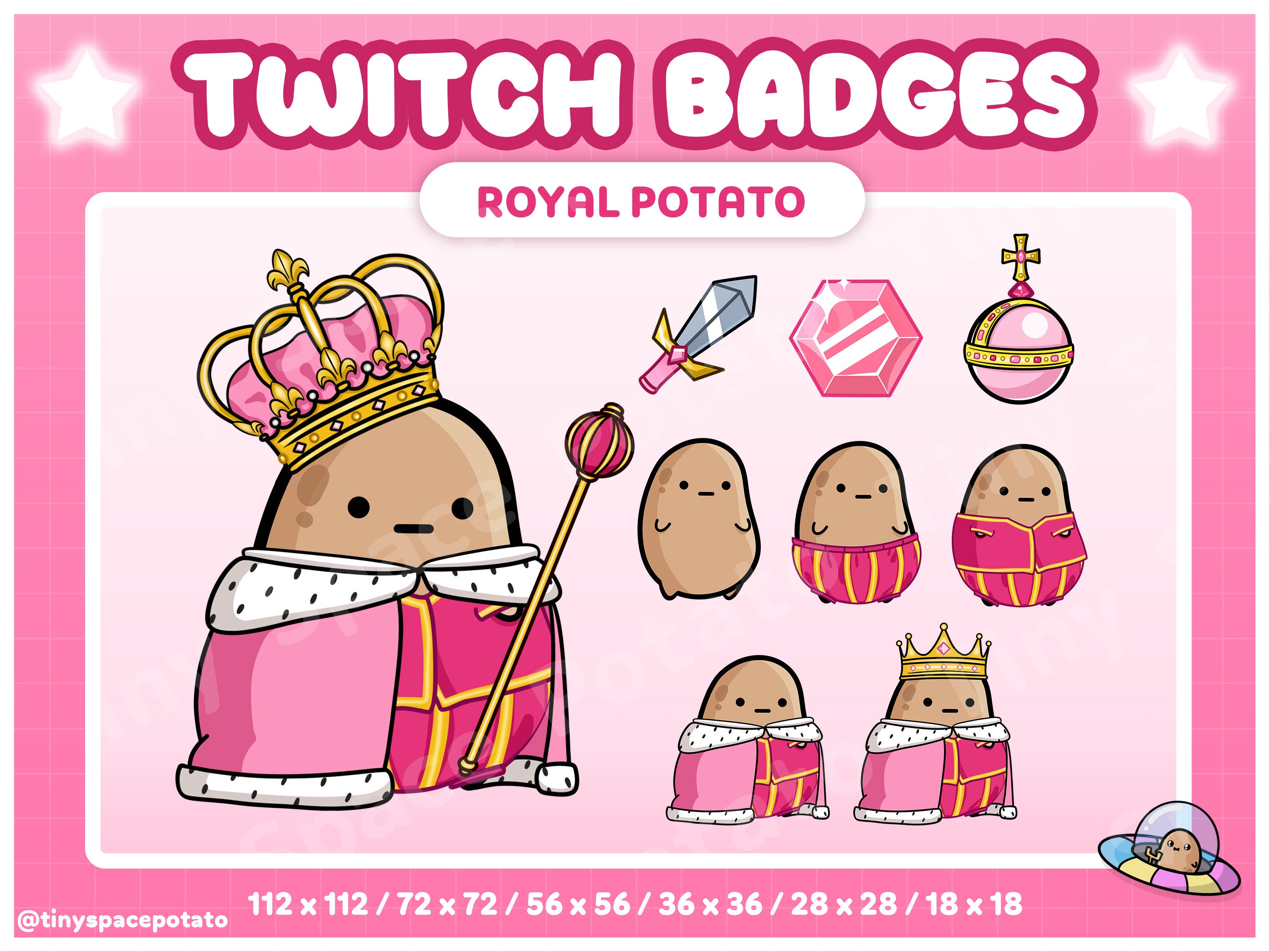 Pink Royal Potato Twitch Sub Badges, Funny Cheer Badges (set of 9 ...
