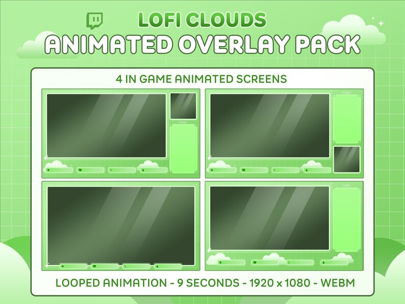 Twitch Overlay Package Animated - GREEN LOFI CLOUDS - Subtle Minimalist ...