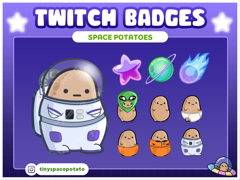 Twitch Sub Badge Space Potato (SET OF 10 Plus 4 FLAIR) Twitch Bit Badges Cute Twitch Badges ...