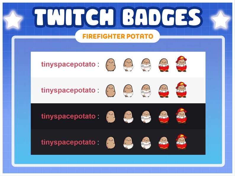Twitch Sub Badges Firefighter Potato (SET OF 10) Cute Sub Badges Twitch ...