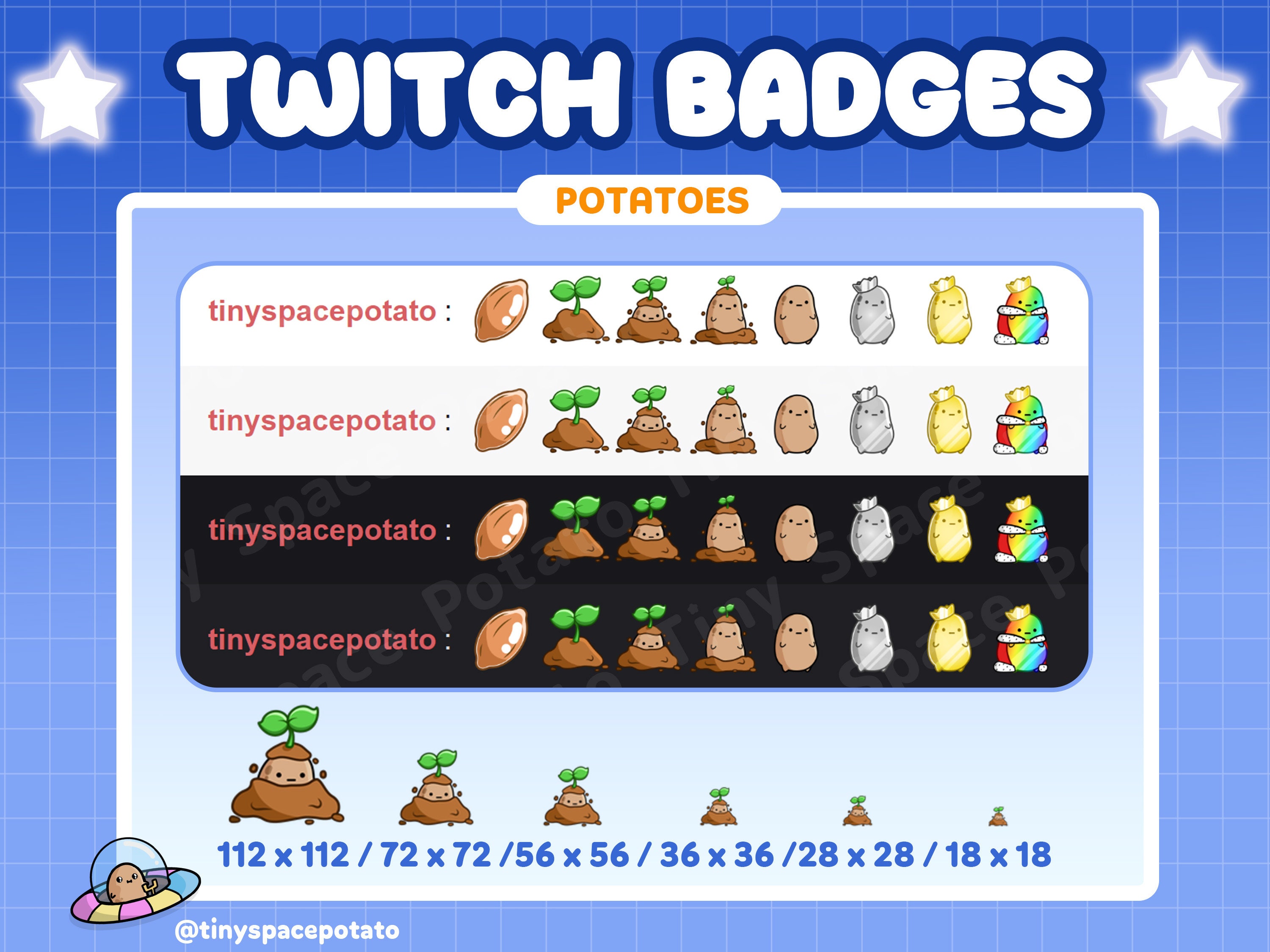 Twitch Sub Badges Potatoes (SET OF 8) Twitch Bit Badges Cute Funny ...