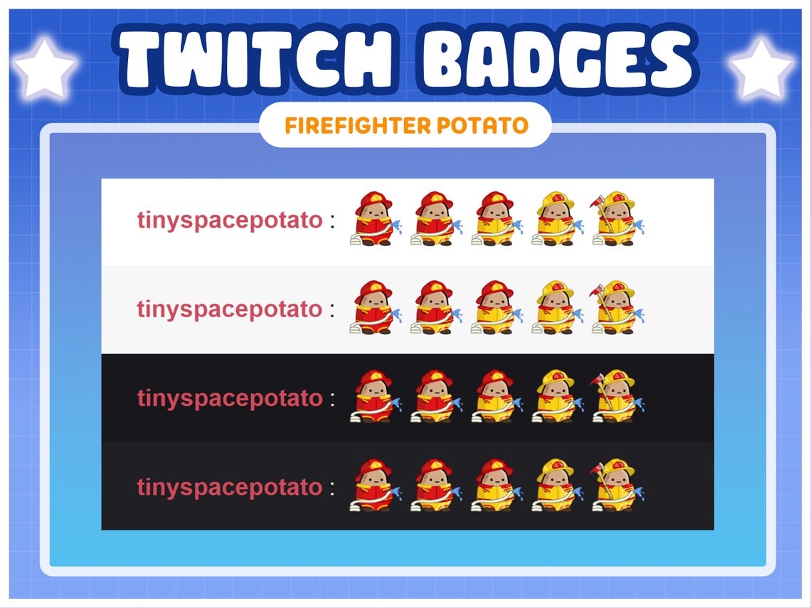 Twitch Sub Badges Firefighter Potato (SET OF 10) Cute Sub Badges Twitch ...