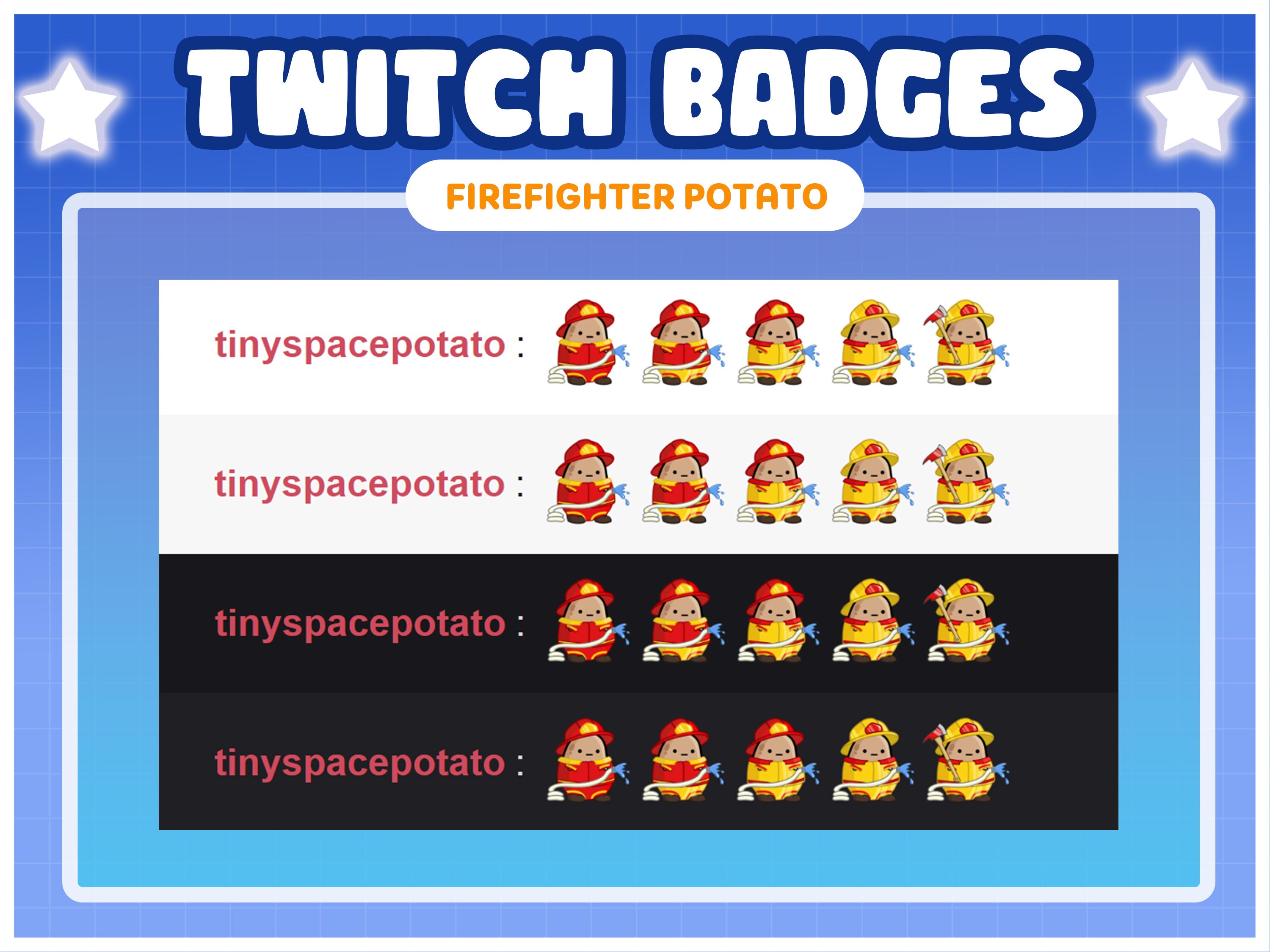 Twitch Sub Badges Firefighter Potato (SET OF 10) Cute Sub Badges Twitch ...