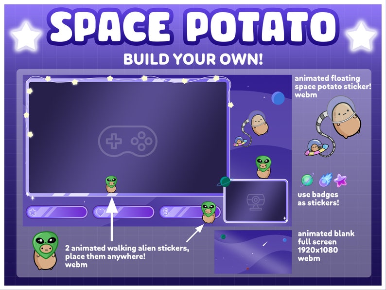 Twitch Overlay Package Animated Space Potato - Purple Stream Overlay ...