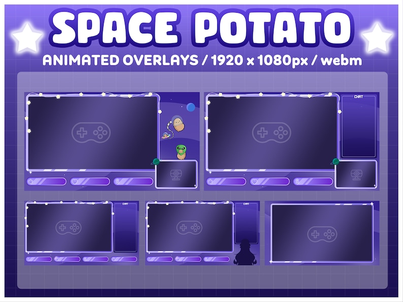 Twitch Overlay Package Animated Space Potato - Purple Stream Overlay ...