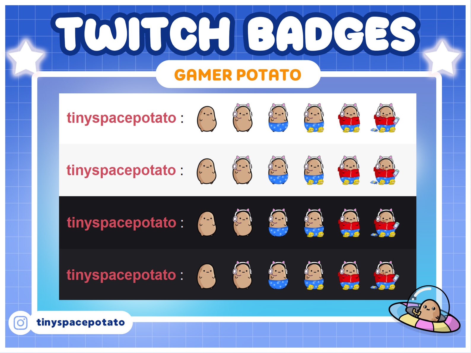 Twitch Sub Badge Gamer Potato (SET OF 6) Twitch Bit Badges Cute Twitch ...