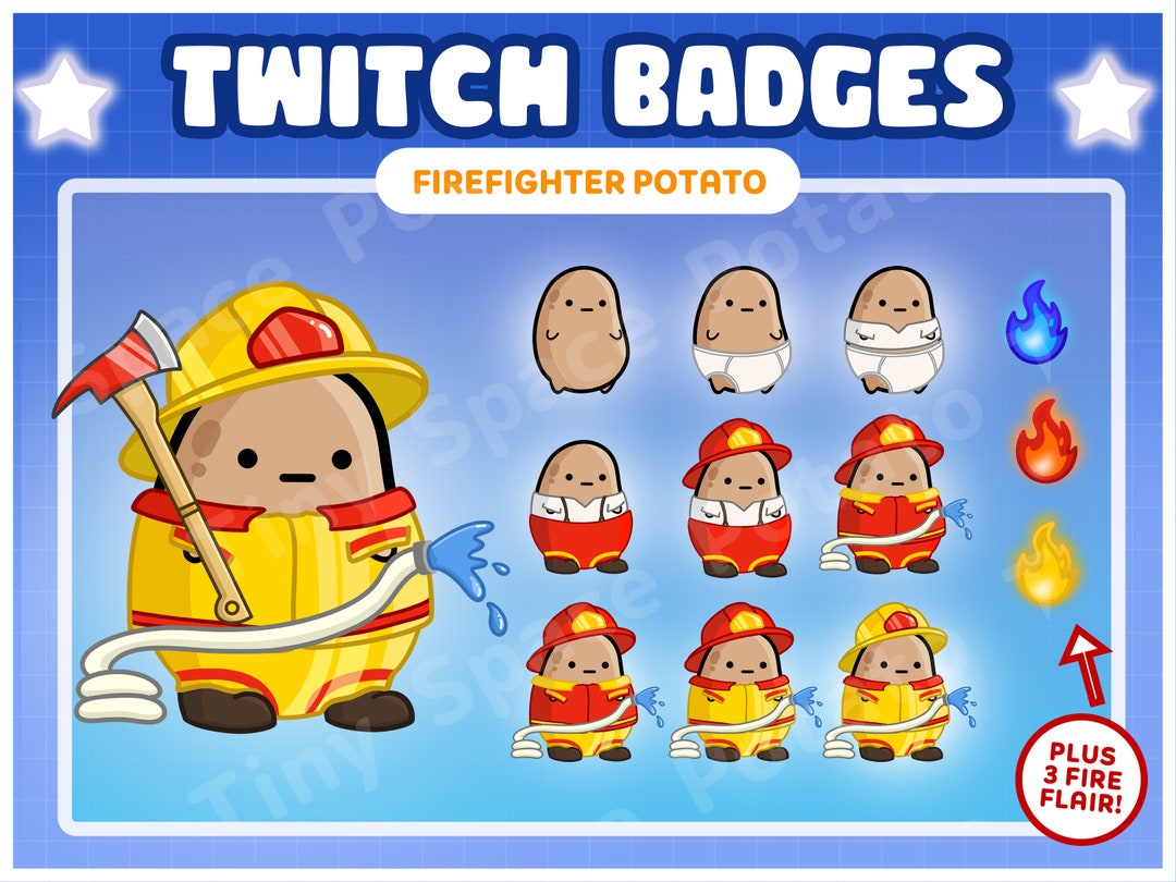 Twitch Sub Badges Firefighter Potato (SET OF 10) Cute Sub Badges Twitch ...