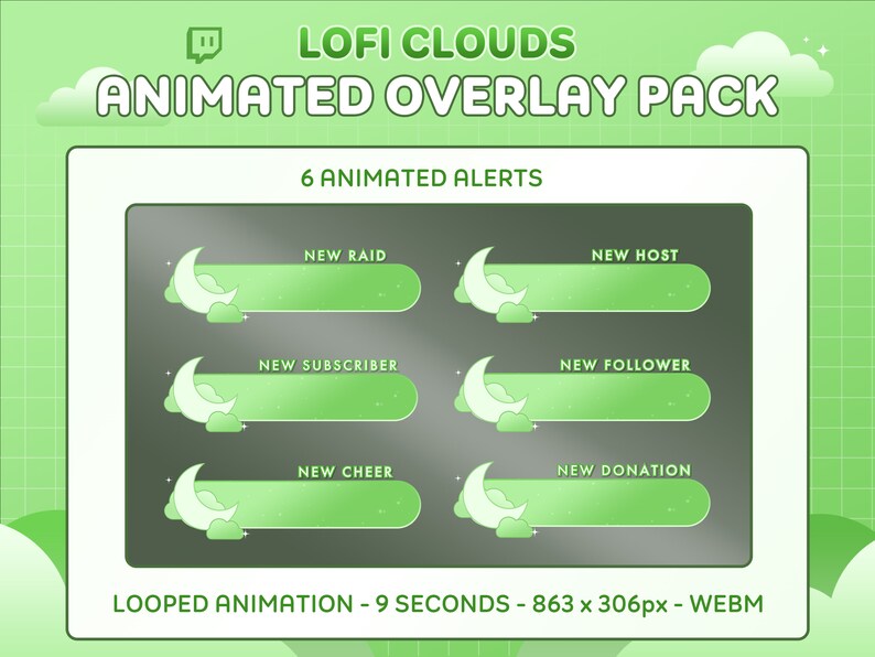Twitch Overlay Package Animated - GREEN LOFI CLOUDS - Subtle Minimalist ...