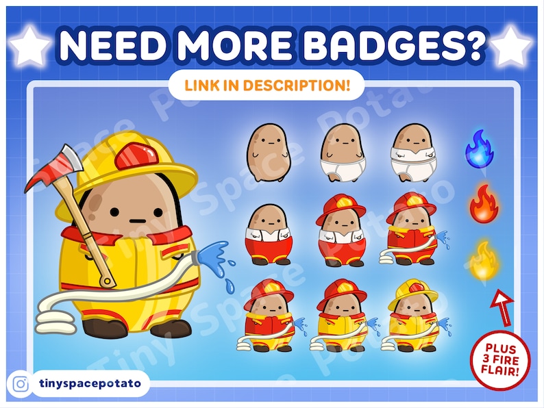 Twitch Sub Badges Firefighter Potato SET OF 6 Cute Sub Badges Twitch ...