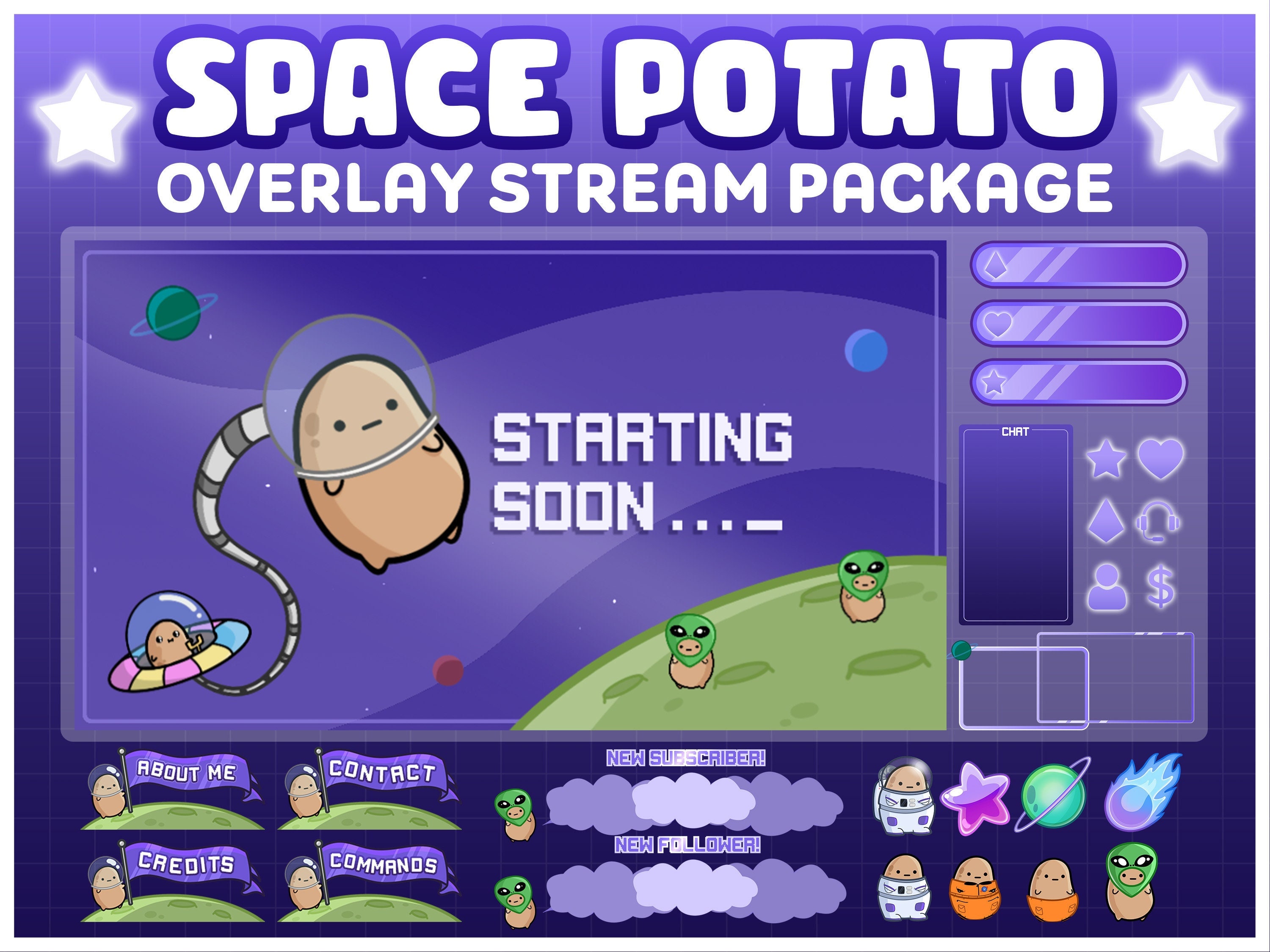 Twitch Overlay Package Animated Space Potato - Purple Stream Overlay ...
