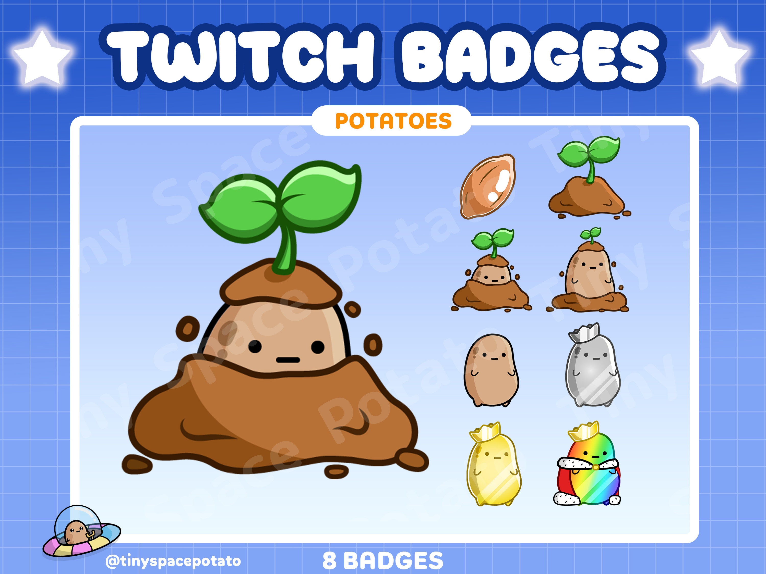 Twitch Sub Badges Potatoes (SET OF 8) Twitch Bit Badges Cute Funny ...