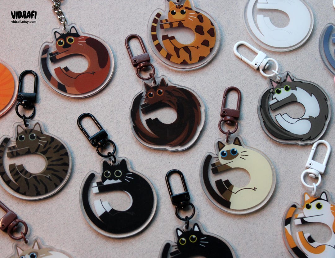 Donut Cat Keychain - Cute Acrylic Charm | Black, Tortoiseshell, Tabby ...