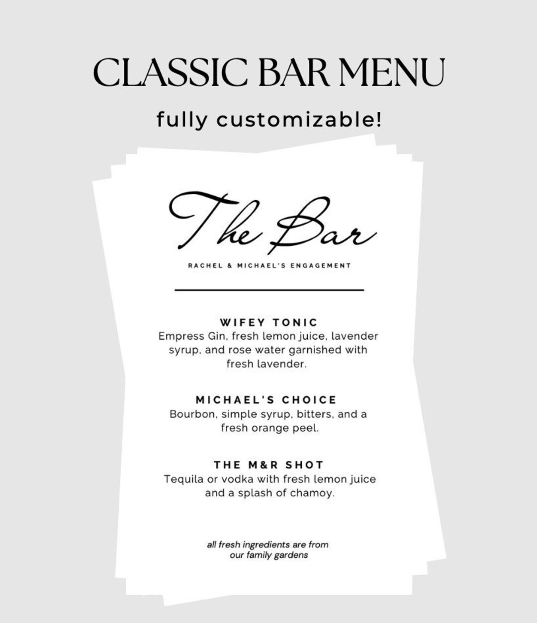 PRINTABLE Classic Bar Menu for Weddings, Engagements, or Birthdays ...