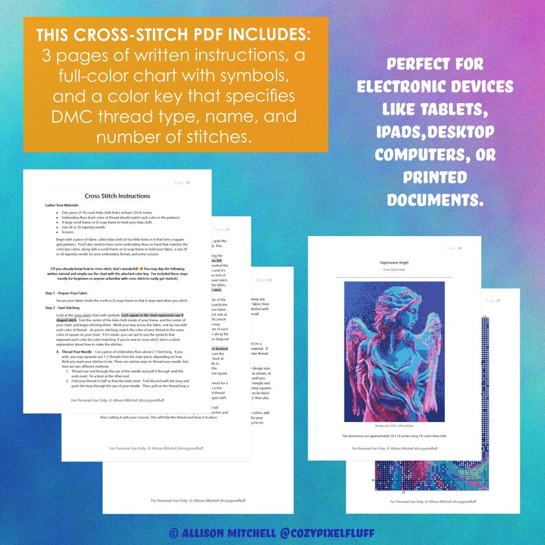 Vaporwave Angel Cross Stitch Pattern With Instructions, Chart, and ...