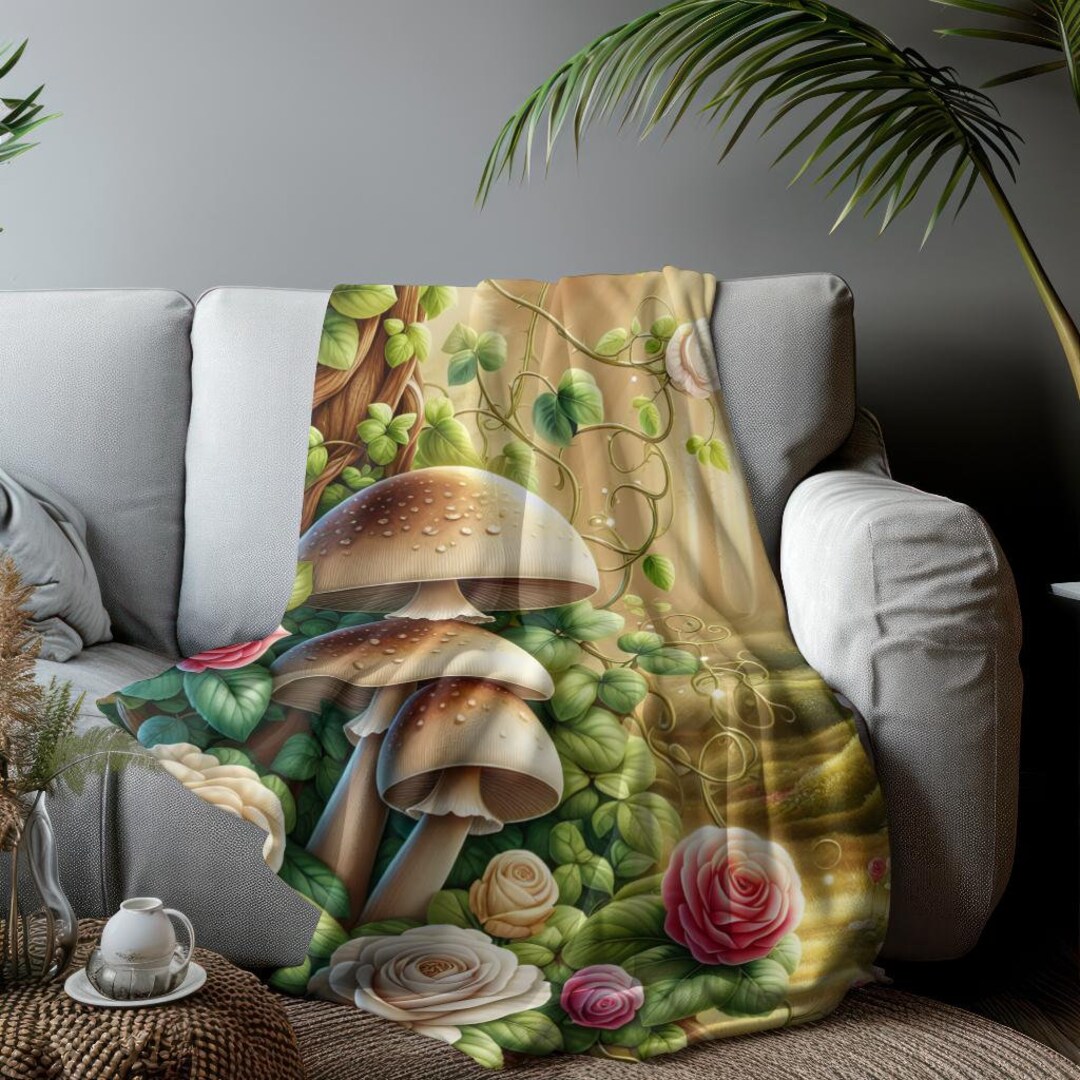 Cottagecore Mushroom & Roses Plush Blanket, Velveteen Plush Blanket ...