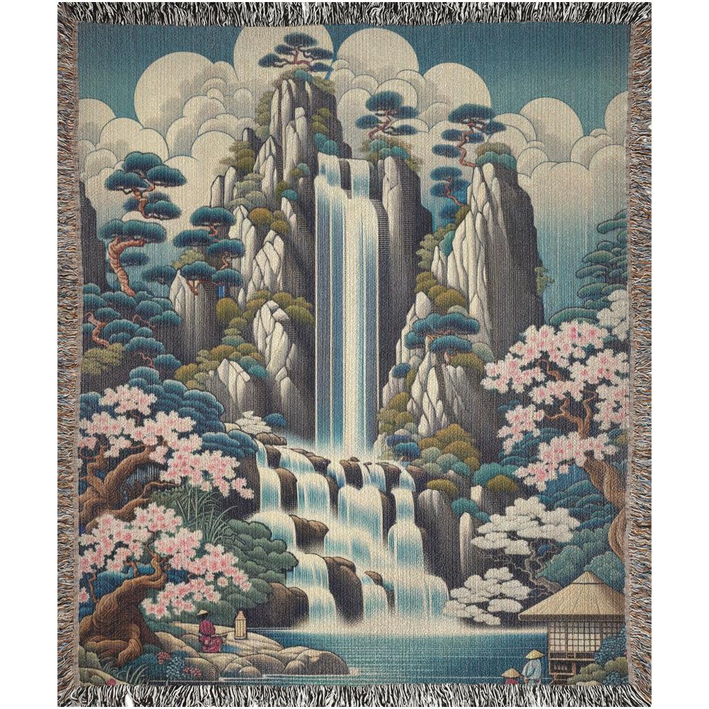 Japanese Woven Blanket With Waterfall & Cherry Blossoms, Japanese ...