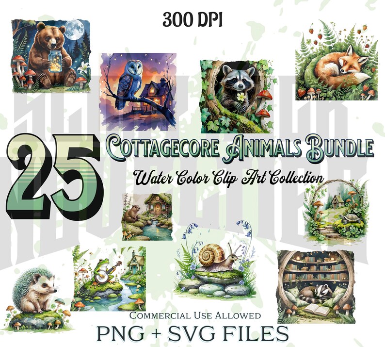 Watercolor Cottagecore Animals Clipart Bundle: 25 PNG & SVG Files ...