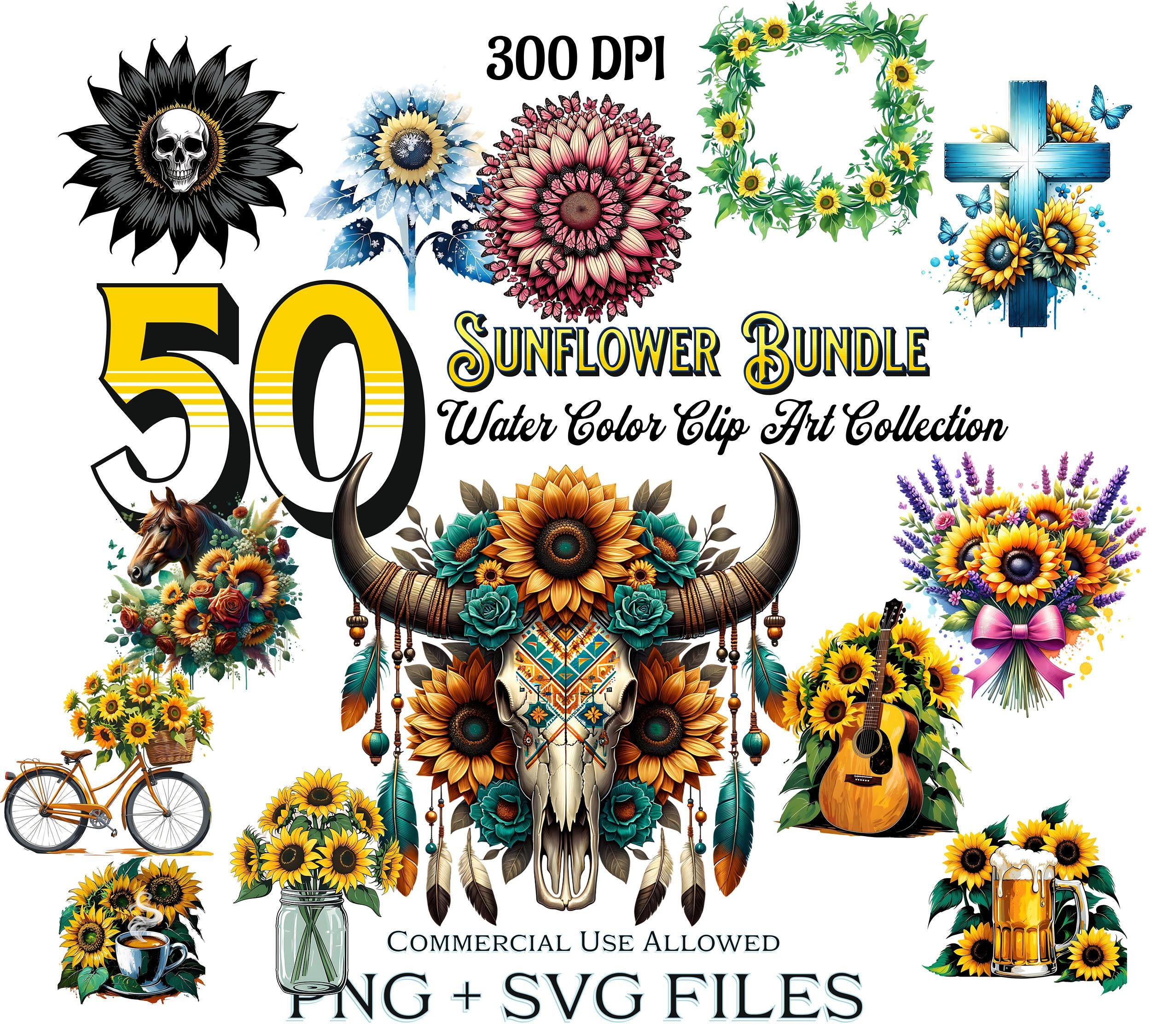 Watercolor Sunflower Clip Art Bundle: 50 PNG & SVG Files (digital ...