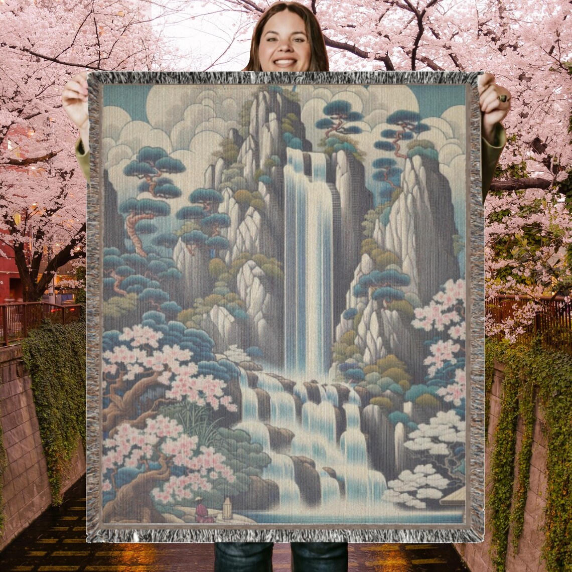 Japanese Woven Blanket With Waterfall & Cherry Blossoms, Japanese ...