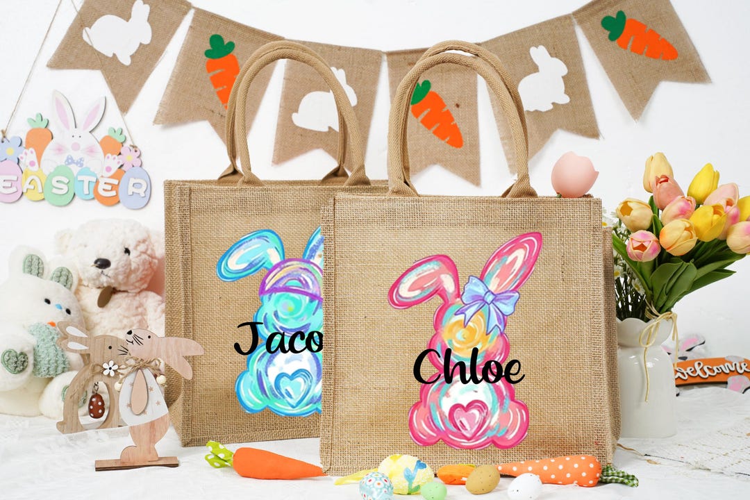 Jute Easter Bag With Name,personalized Bunny Egg Hunt Bag,kids Easter ...