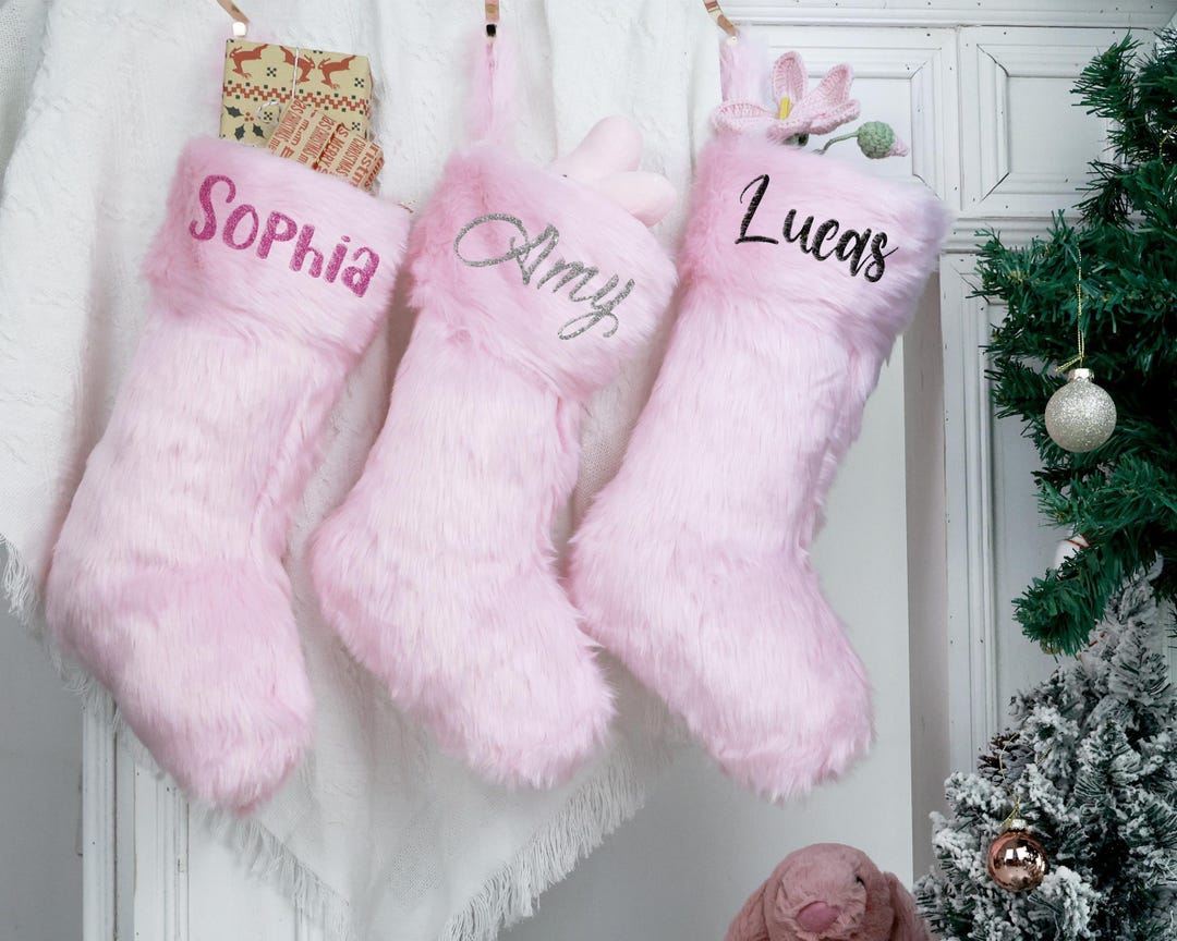 Custom Name Christmas Stockings - Embroidered Name Fluffy Holiday Socks ...