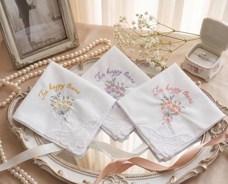 Embroidered Wedding Handkerchief, Personalized Happy Tears Bridal ...
