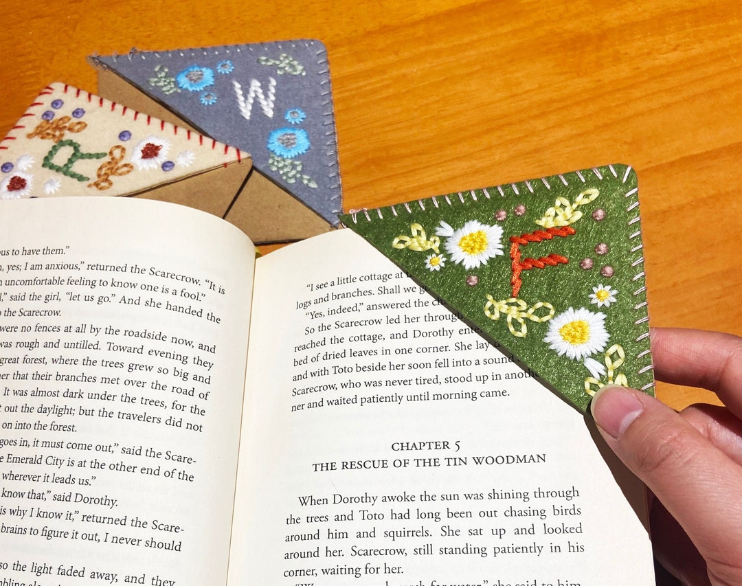 Custom Hand Embroidered Corner Bookmark, Felt Triangle Page Stitched ...