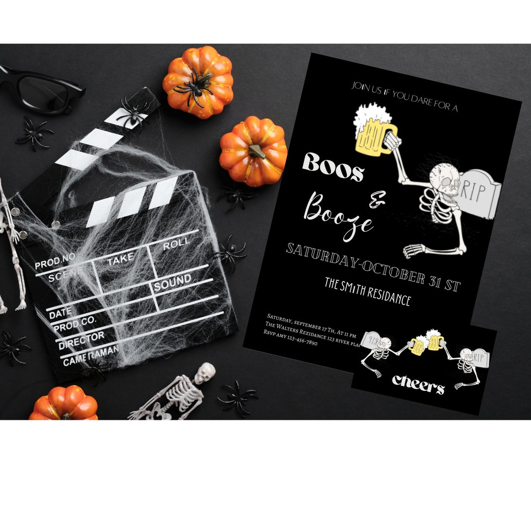 Skeleton Boos & Booze Party Invitation, Editable Halloween Invitation ...
