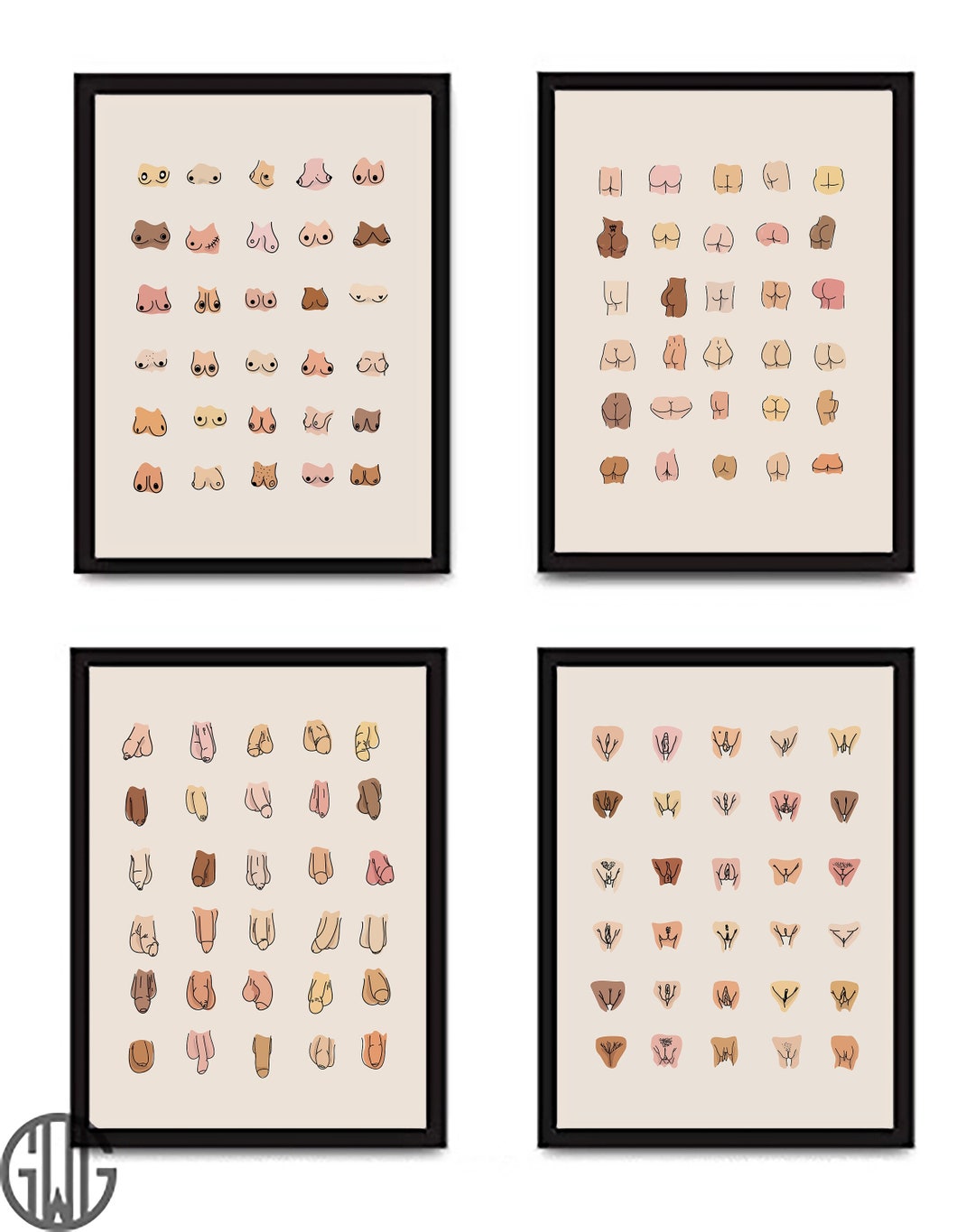 Body Positive Set of 4, Butt Art Line Art, Bum Printable Wall Art ...