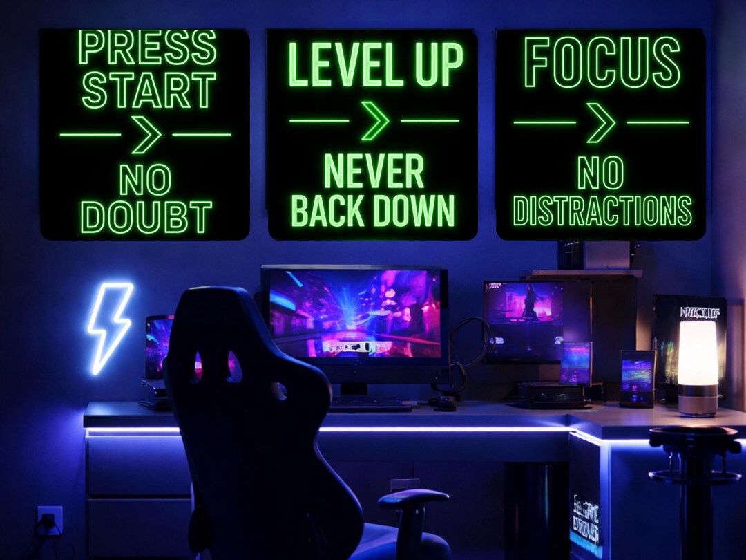 Neon Gamer Motivation Wall Art Set | Cyberpunk Gaming Room Decor ...
